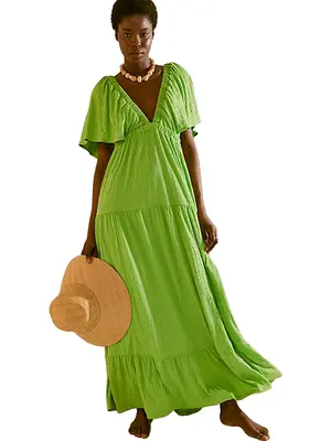 Free People Free-est Maxi Dress With Flutter Sleeves And Tiered Silhouette Kiwi