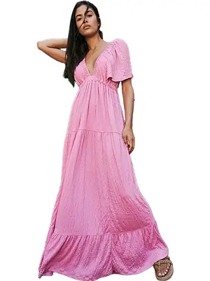 Free People Free-est Maxi Dress With Flutter Sleeves And Tiered Silhouette Pink