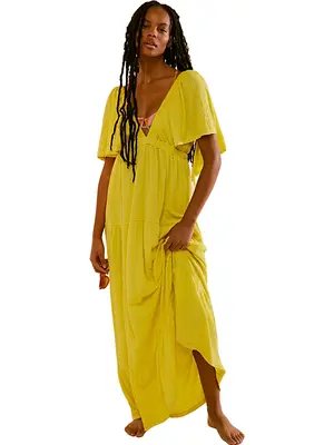 Free People Free-est Maxi Dress With Flutter Sleeves And Tiered Silhouette Yellow