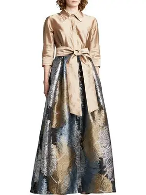 Rickie Freeman For Teri Jon Taffeta Feather Jacquard Shirtdress - Gold Multi