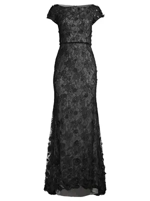 Mac Duggal Beaded & Embroidered Lace Gown Black