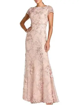 Mac Duggal Beaded & Embroidered Lace Gown Blush