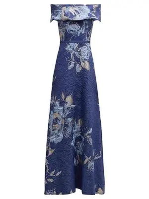 Rickie Freeman For Teri Jon Floral Off-the-shoulder Gown - Blue Multi