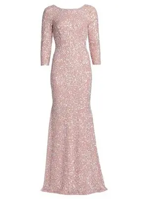 Theia Three-quarter Sleeve Sequin Sheath Gown - Blush