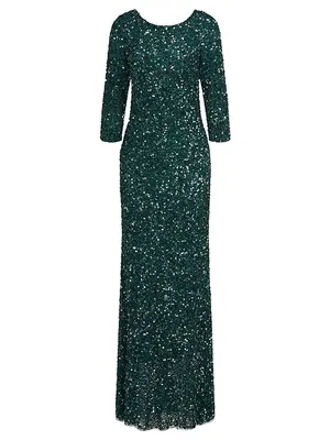 Theia Three-quarter Sleeve Sequin Sheath Gown Pine