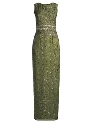 Mac Duggal Beaded Column Gown - Nude