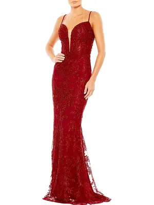 Mac Duggal Beaded Column Gown Red