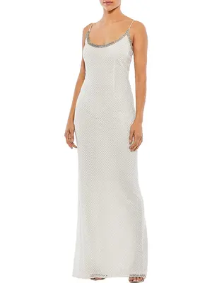 Mac Duggal Beaded Column Gown White