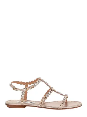 AQUAZZURA Tequila Crystal-embellished Leather Flat Sandals Light Copper