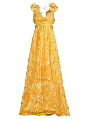 Mac Duggal Ieena Floral Chiffon Gown Lemon Multi