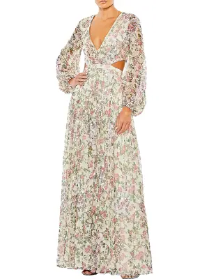 Mac Duggal Ieena Floral Chiffon Gown White Multi