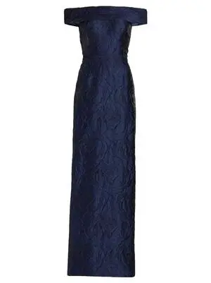 Rickie Freeman For Teri Jon Jacquard Off-the-shoulder Gown - Navy