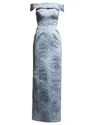 Rickie Freeman For Teri Jon Jacquard Off-the-shoulder Gown - Slate