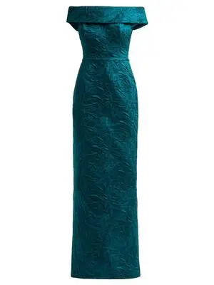 Rickie Freeman For Teri Jon Jacquard Off-the-shoulder Gown - Teal