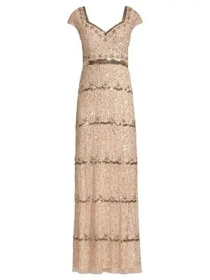 Mac Duggal Embellished Cap Sleeve Gown Beige