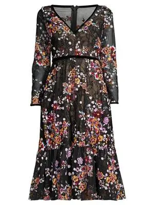 Mac Duggal Embroidered Floral Lace Tea Dress - Black Multi