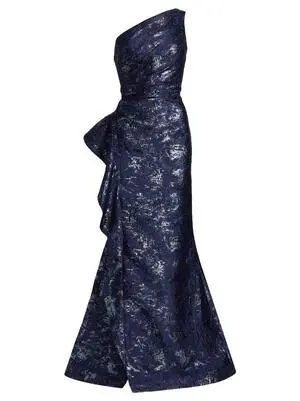 Rickie Freeman For Teri Jon Jacquard One-shoulder Gown - Navy