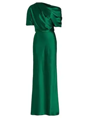 Amsale Satin One-shoulder Gown Emerald
