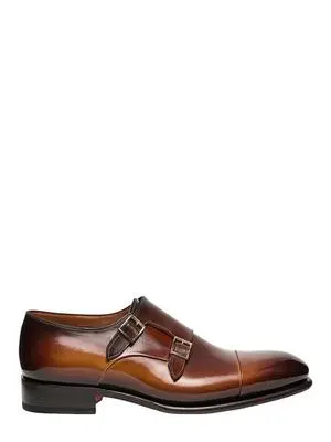 Santoni Ira Double Monk Strap Leather Dress Shoes - Dark Brown