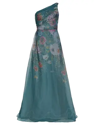 Rene Ruiz Collection Floral One-shoulder Organza Gown Neutral