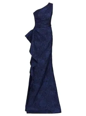 Rickie Freeman For Teri Jon Metallic Jacquard One-shoulder Gown - Black Blue