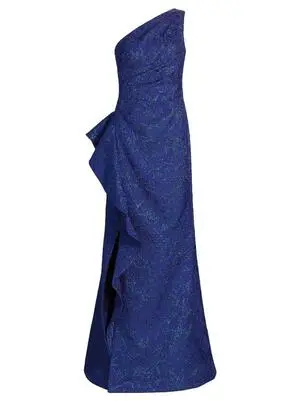 Rickie Freeman For Teri Jon Metallic Jacquard One-shoulder Gown - Royal Multi