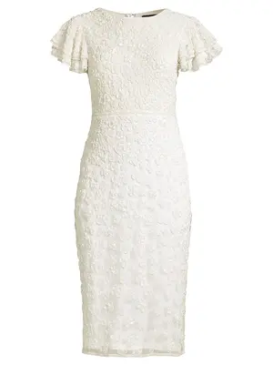 Mac Duggal Floral Beaded Sheath Dress White