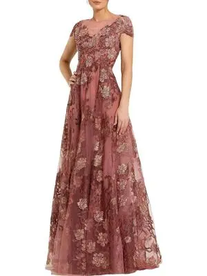Mac Duggal Cap-sleeve Floral A-line Gown - Cinnamon