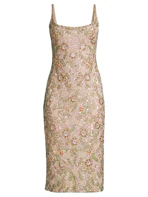 Mac Duggal Floral Beaded Cocktail Sheath Dress Nude Multi