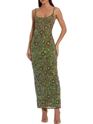 Mac Duggal Floral Beaded Cocktail Sheath Dress Olive