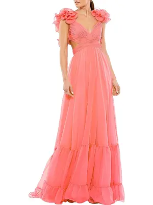 Mac Duggal Ieena Cutout Chiffon Gown Coral