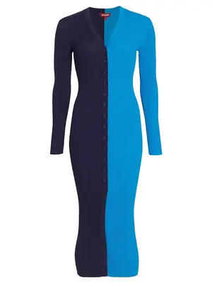 Staud Shoko Colorblocked Midi-dress Navy Cerulean