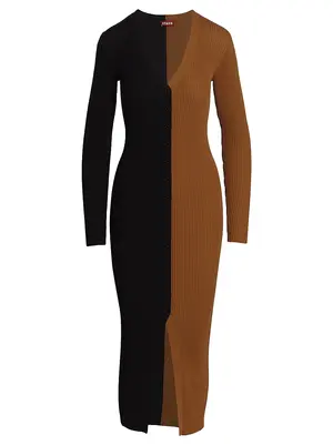 Staud Shoko Colorblocked Midi-dress Tan Black
