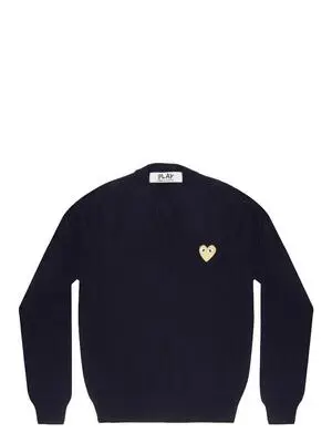 Play Comme Des Garcon Wool V-neck Heart Sweater - Navy