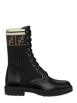 Fendi Rockoko Leather & Knit Combat Boots - Black