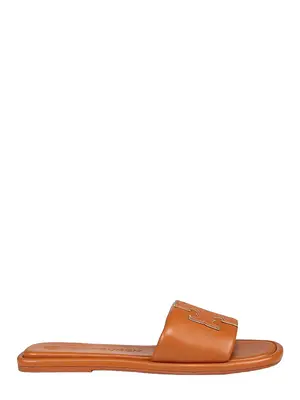 Tory Burch Double-t Monogram Padded Leather Slide Sandals Aged Camel