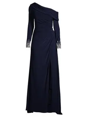 Mac Duggal One-shoulder Jersey Ruched Side Slit Gown - Midnight