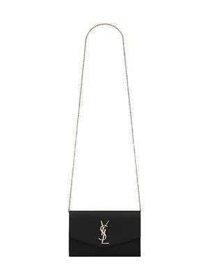 Saint Laurent Uptown Chain Wallet In Grain De Poudre Embossed Leather Nero