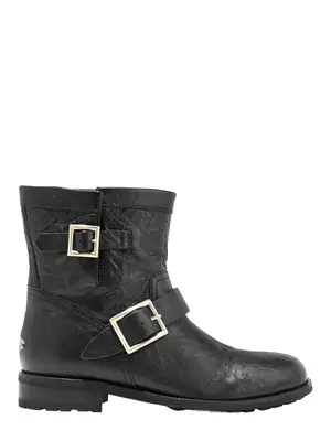 JIMMY CHOO Youth Buckled Leather Ankle Boots - Black
