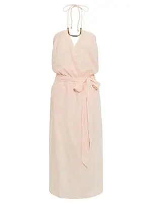 VIX PAULA HERMANNY Belted Embellished Linen-blend Halterneck Midi Dress - Pastel Pink
