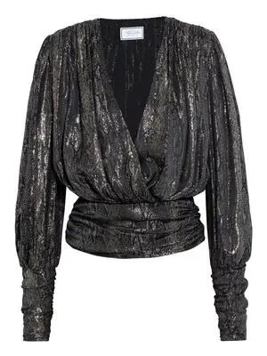 Redemption Ruched Metallic Jacquard Wrap Top - Gold