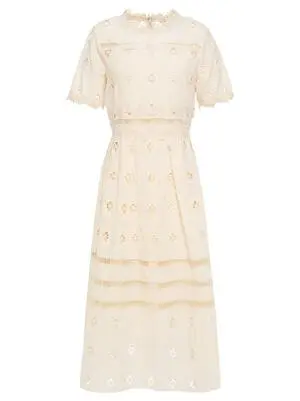 Maje Pleated Broderie Anglaise Cotton Midi Dress - Ecru