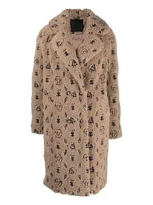 Philipp Plein Embroidered Monogram Faux-shearling Coat - Neutrals