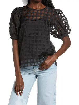English Factory Windowpane Sheer Top Black