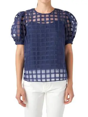 English Factory Windowpane Sheer Top Navy