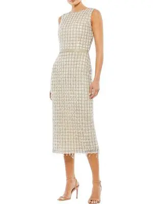 Mac Duggal Beaded Fringe Sheath Dress - Beige