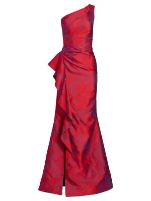 RICKIE FREEMAN FOR TERI JON Jacquard One-shoulder Ruched Gown