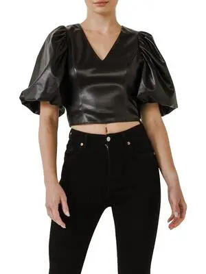 Endless Rose Puff Sleeve Faux Leather Top - Black