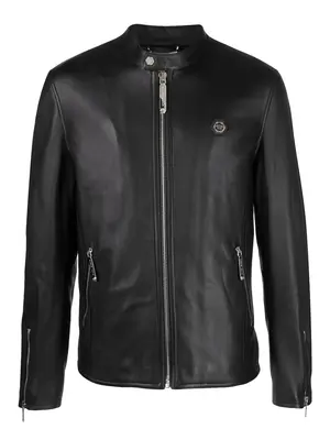 Philipp Plein Logo Zipped Biker Jacket - Black