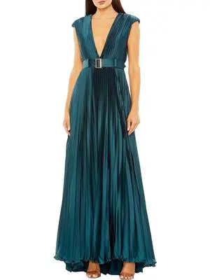 Mac Duggal Ieena Satin Pleated Gown Midnight